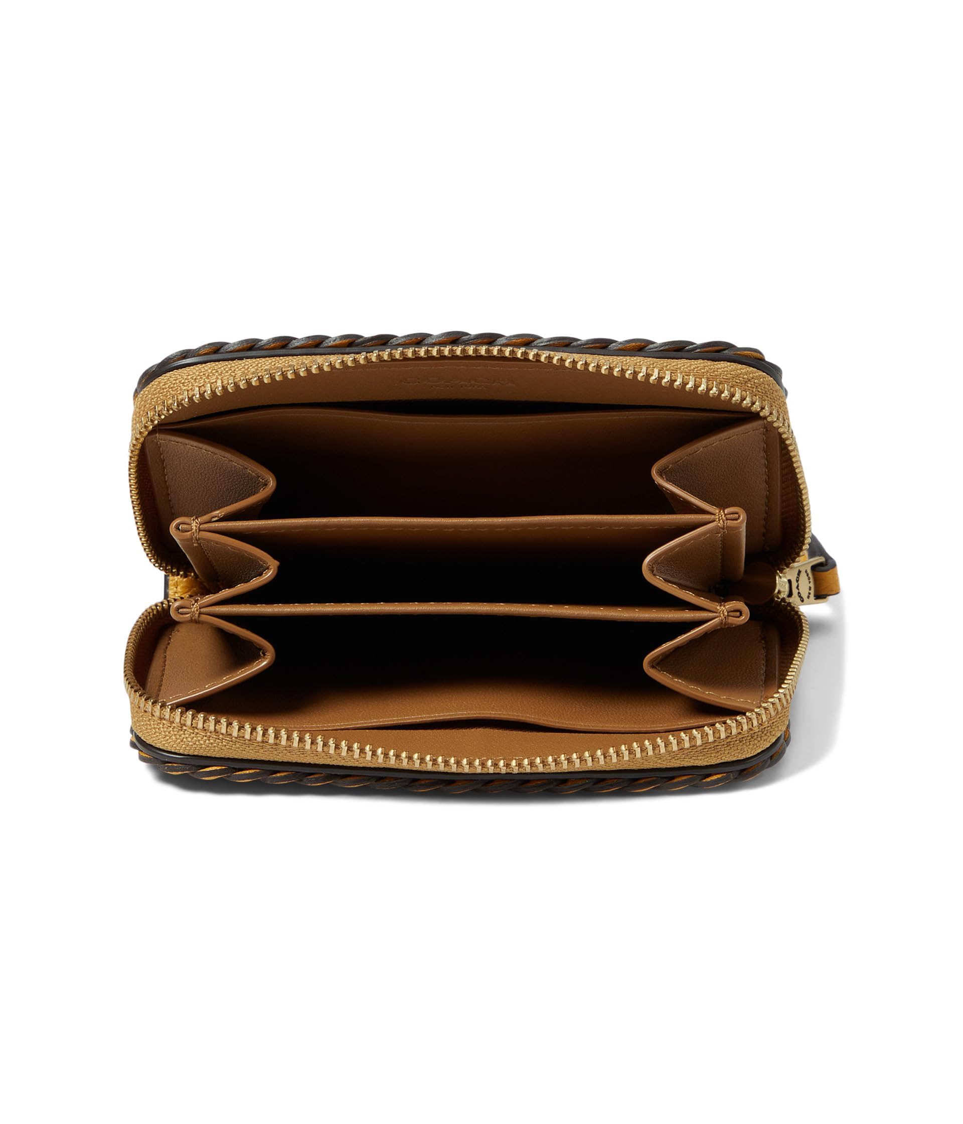 Coach Braided Leather Trim Small Zip Around Card Case Buttercup One Size
