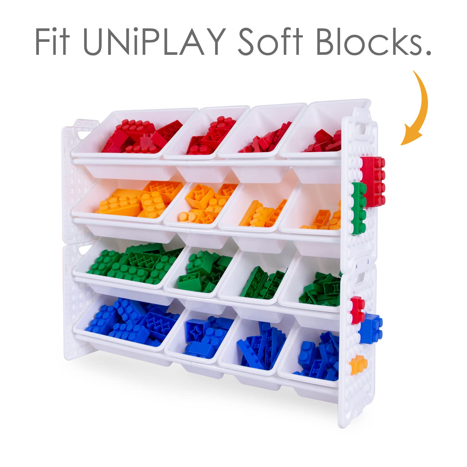 UNiPLAY Toy Organizer with 16 Removable Storage Bins, Multi-Bin Organizer for Books, Building Blocks, School Materials, Toys with Baseplate Board Frame (White)