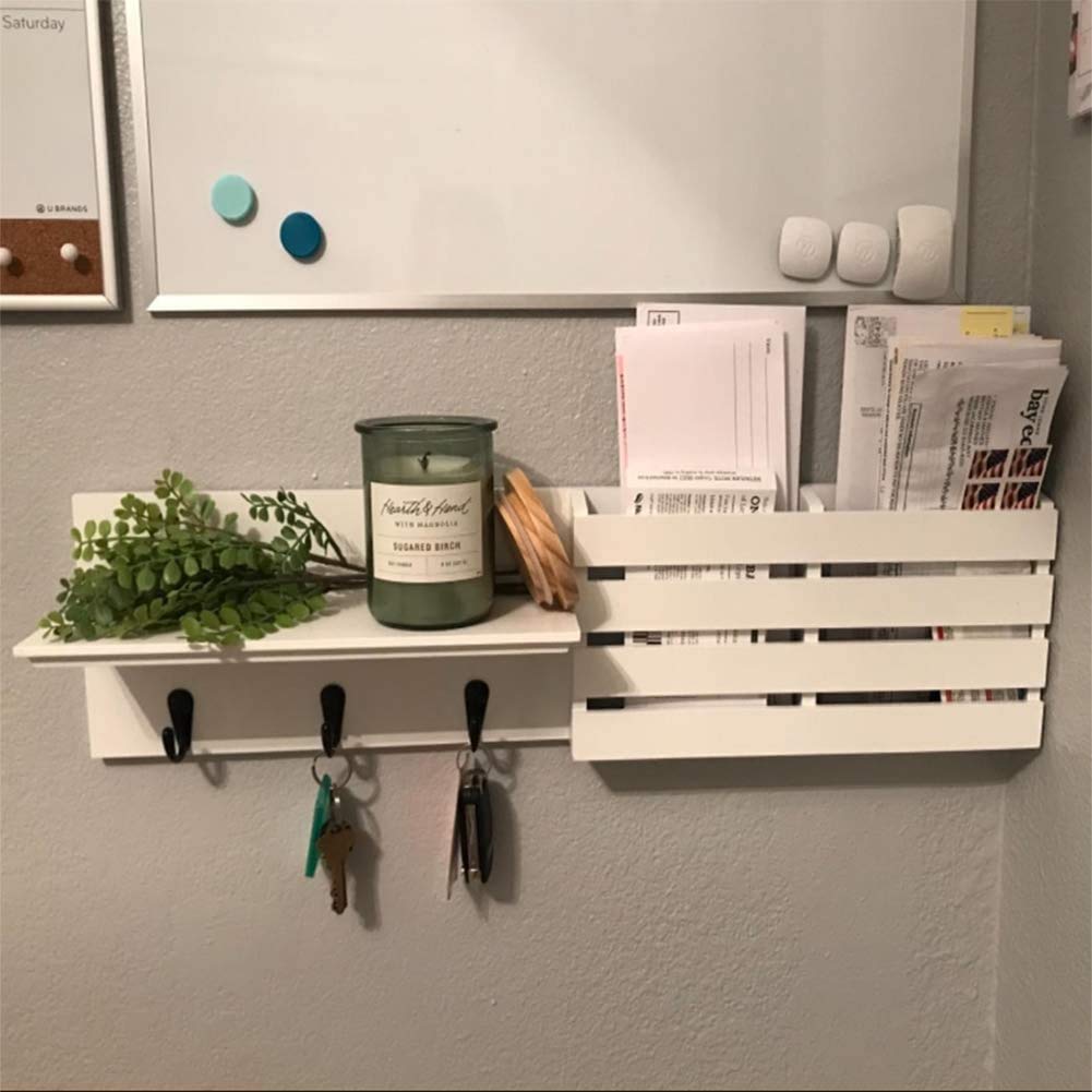Mail Holder Organizer 3 Hooks Key Holder Wall Shelf White 24''x 6''