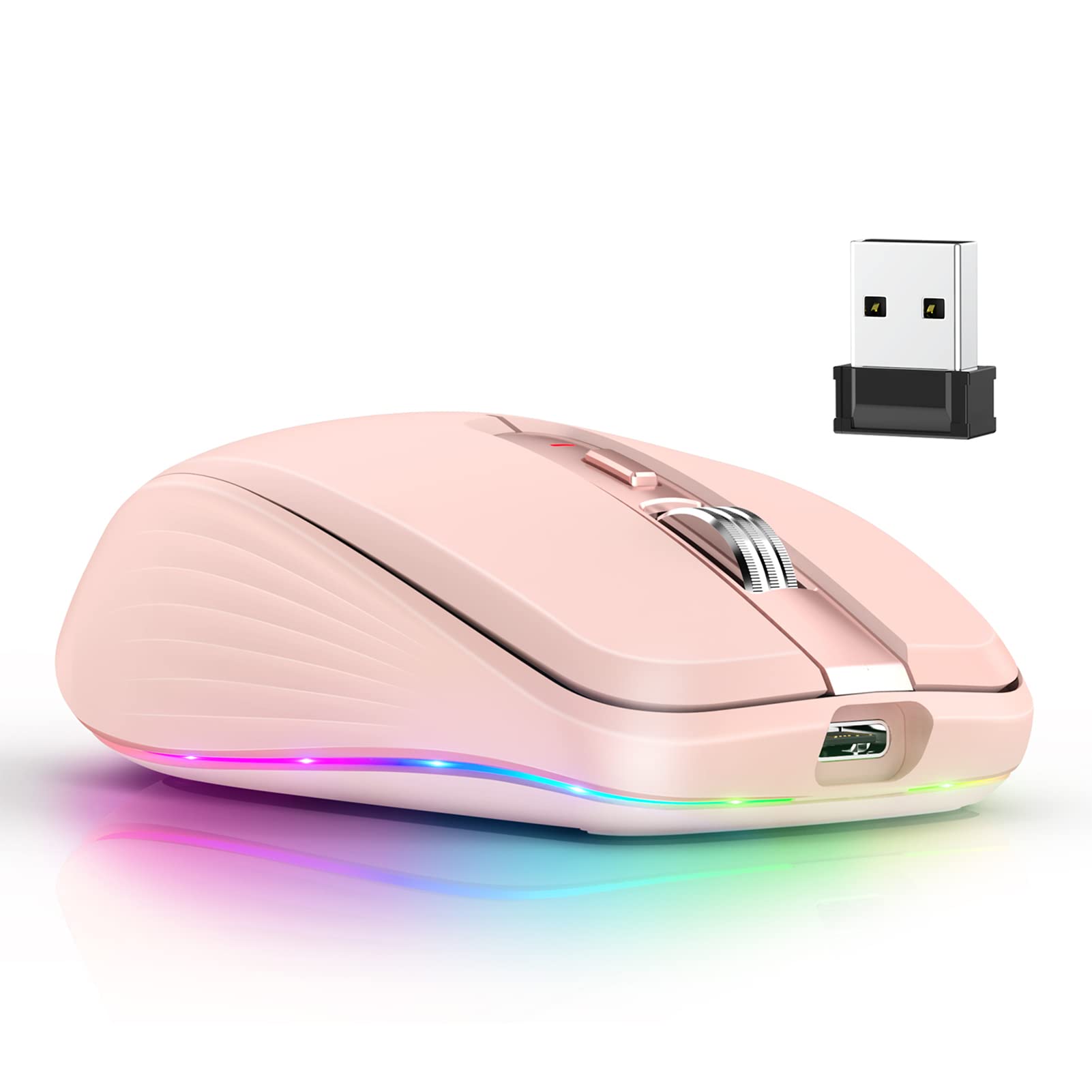 Docooler 2.4G+BT5.1 Dual-Mode Wireless Mouse Ergonomic Gaming Mouse with 4-Gear DPI(800/1200/1600/2400) and 6 RGB Lights Effect Adjustable, Compatible with Windows/Mac/iOS/Android