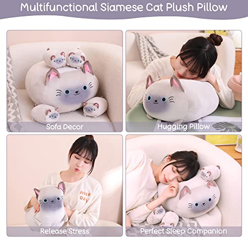 SQEQE Siamese Cat Plush, Cute Siamese Cat Stuffed Animals Mommy with 4 Squishy Kitties in her Tummy, Soft Siamese Cat Plushies Pillow Gifts for Kids