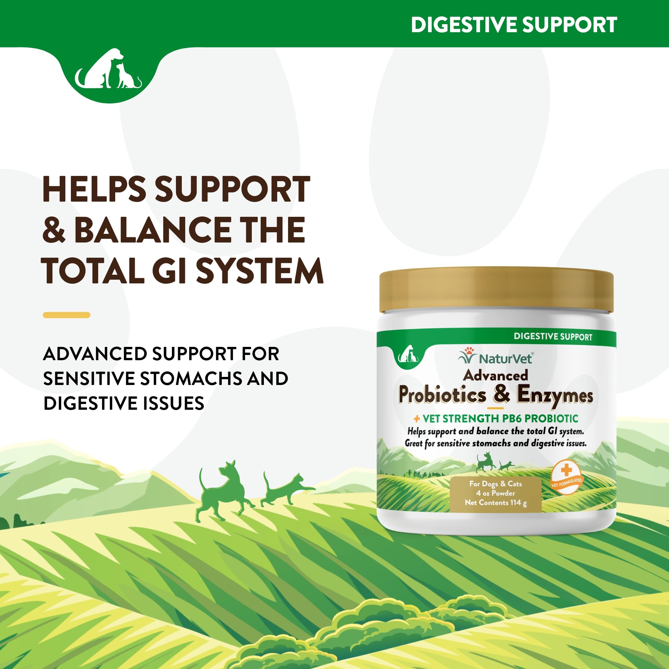 NaturVet โ Advanced Probiotics & Enzymes - Plus Vet Strength PB6 Probiotic | Supports and Balances Pets with Sensitive Stomachs & Digestive Issues | for Dogs & Cats (4 oz)