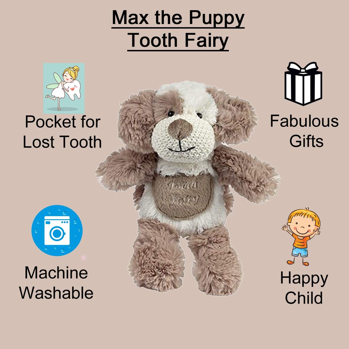 Maison Chic - Tooth Fairy Pillow Max the Puppy Dog Stuffed Animal Plush Doll with Pocket | Perfect Loose Tooth Gift for Son, Grandson, Stepson or Nephew