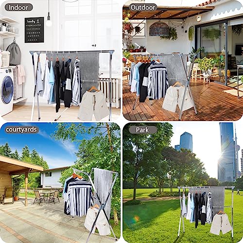 HYZSWGC Foldable Clothes Drying Rack, 95 Inches Adjustable Stainless Steel Laundry Drying Rack with 20 Windproof Hooks for Clothes, Blanket, Llinens, Shoes, Indoor/Outdoor