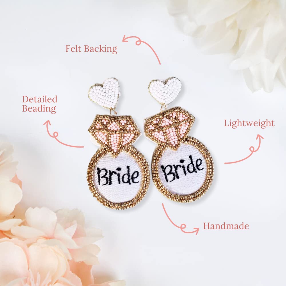Diamond Ring Bride Earrings, Seed Bead Bride Earrings Bachelorette, Beaded Diamond Ring Bride Earrings, Wedding Accessories for Brides, Bride Bachelorette Accessories (Bride - White)