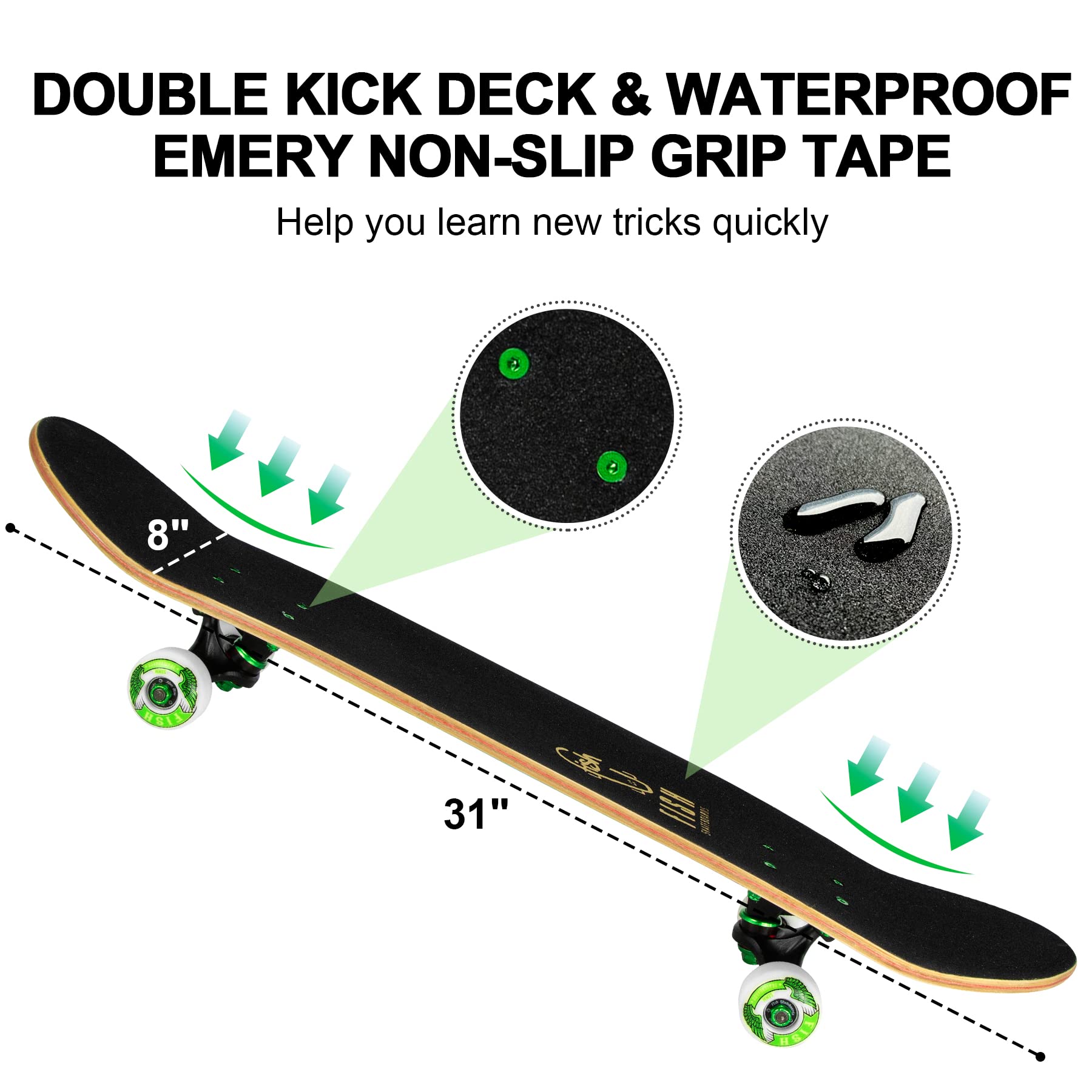 FISH SKATEBOARDS Standard Skateboard, Complete Skateboard 31''x 8'', 7 Layer Canadian Maple Double Kick Deck Concave Cruiser Trick Skateboards for Kids Boys Girls Youths Beginners.