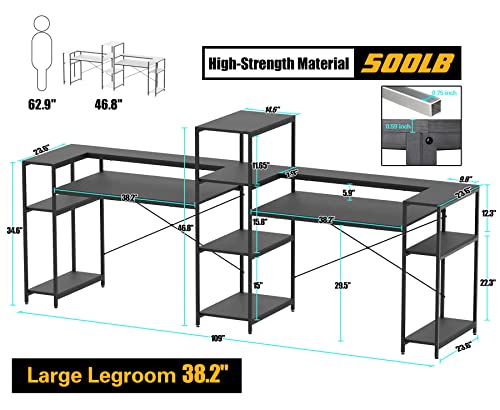 HYPIGO Two Person Computer Desk with Storage Shelves, 109 inches Extra Long Double Workstation Desk with Printer Shelf & Monitor Stand, Large Office Desk Study Writing Table for Home Office - Black
