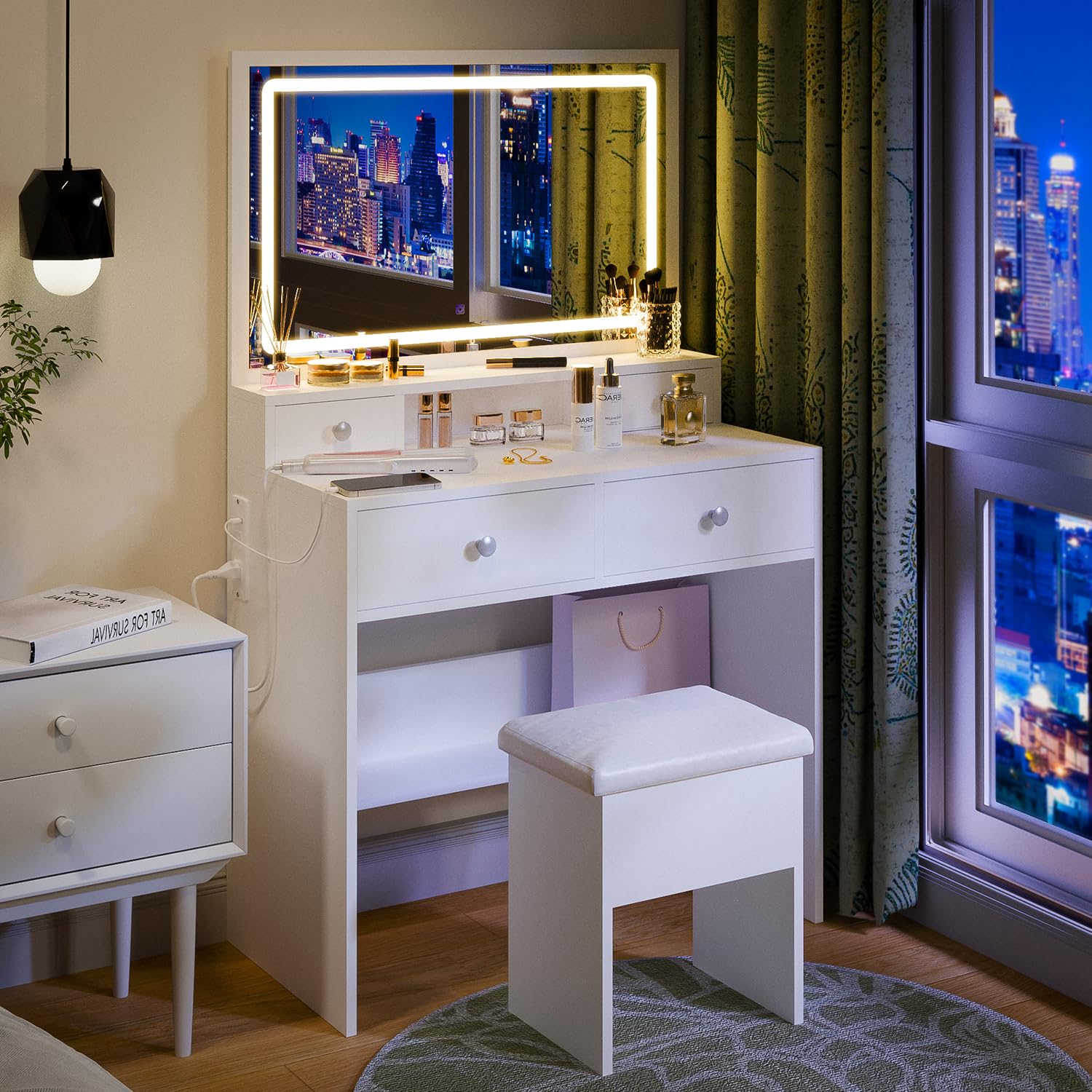 Haewon Vanity Desk with Mirror and Lights, Makeup Vanity Set with 4 Drawers, Power Outlets, and USB Ports, White Vanity with LED Vanity Mirror
