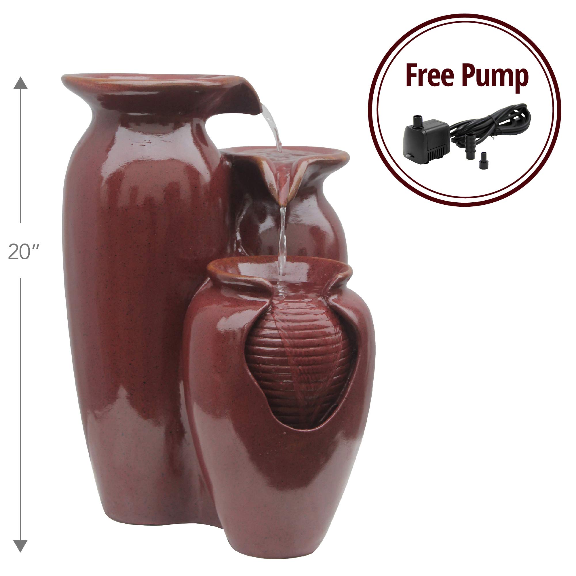 Teamson Home Jar 3 Tiered Floor Waterfall Fountain with Pump for Outdoor Patio Garden Backyard Decking, 20 Inch Height, Brown