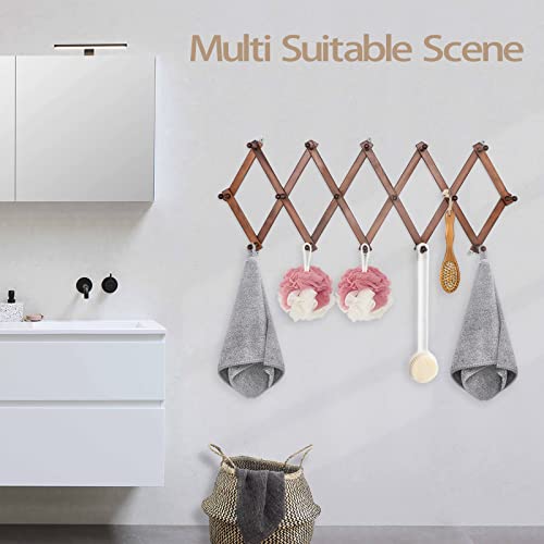 SCUNDA Hat Rack for Wall, Expandable Coat Rack with 16 Hooks, 16-inch Wooden Wall Rack for Coffe Mug, Bag, Hoodie, Hat, Baseball Caps(Brown)