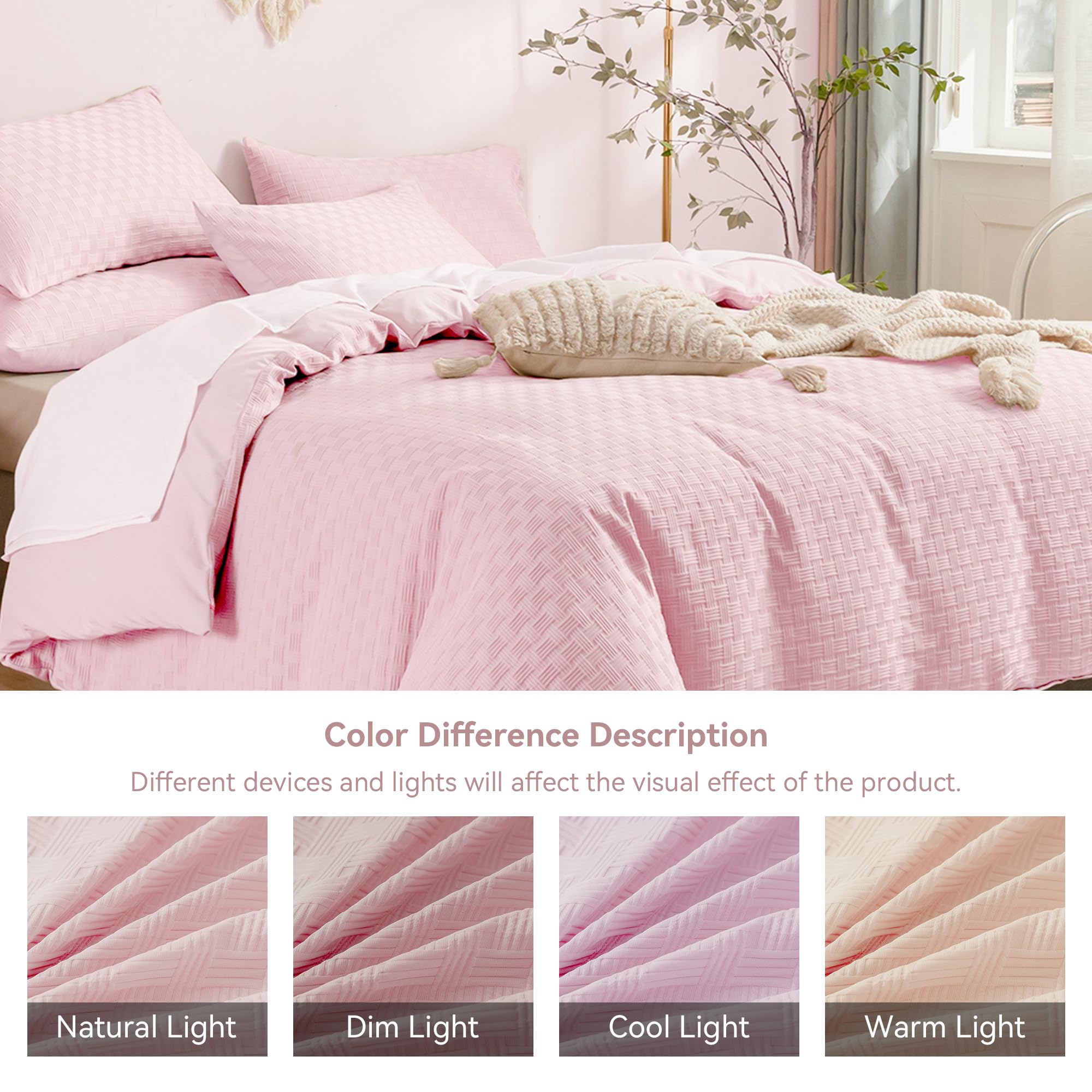 JELLYMONI Pink Duvet Cover Full Size - 3 Pieces Soft and Breathable Microfiber Knitted Jacquard Waffle Weave Striped Comforter Cover with 8 Corner Ties & Zipper Closure