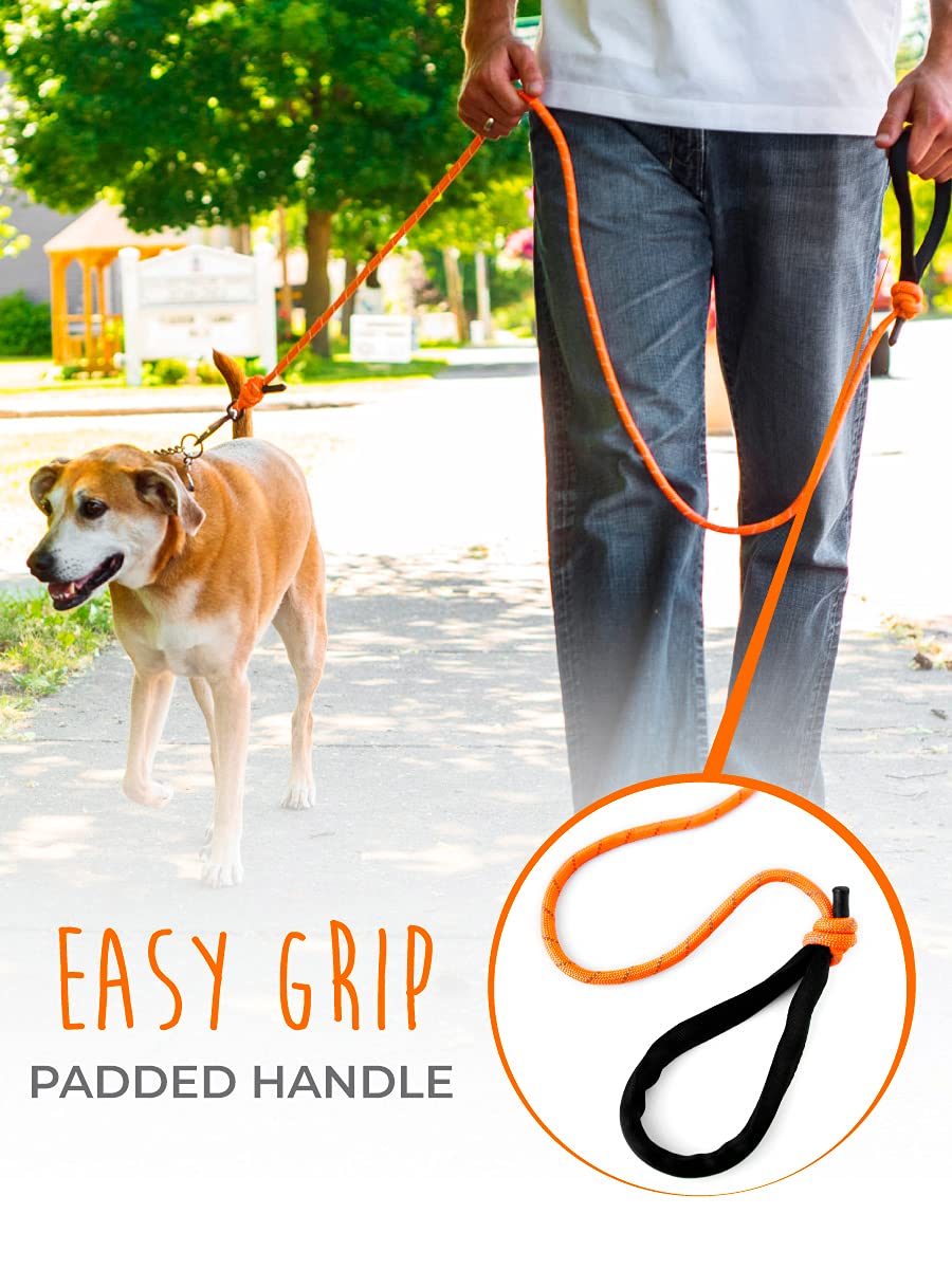Mighty Paw Rope Dog Leash - Durable Climbing Lead - Reflective Stitching - Comfort Handle - Suitable for All Pet Sizes - Heavy Duty Dog Leash with Carabiner - Long Dog Leash - (6 Feet, Orange)