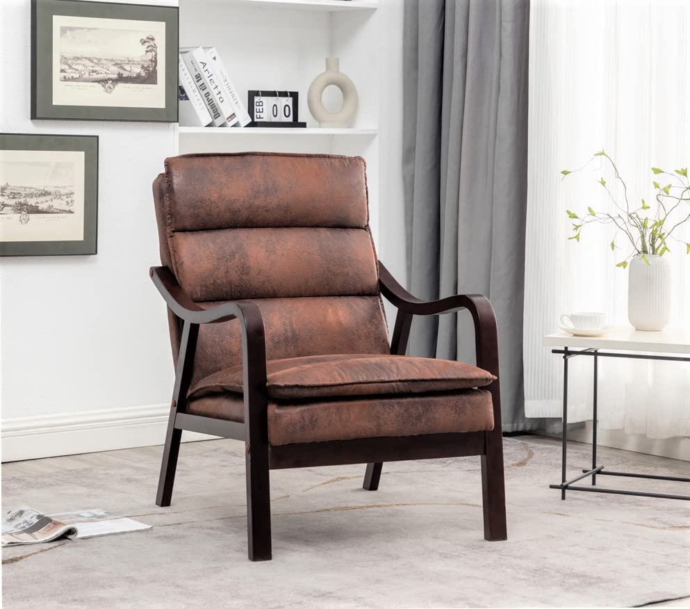 Container Furniture Direct Mid Century Modern Accent Chair for Living Room, Bedroom or Office, Retro-Styled Armchair with Solid Wood Frame and Plush Cushioning, Spotted Microfiber, Brown