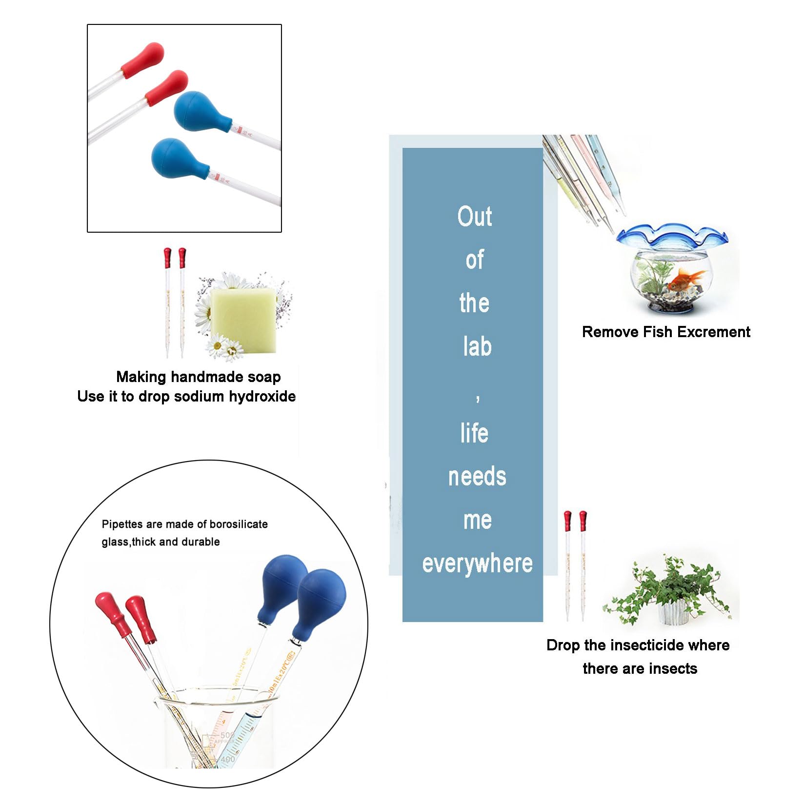 Luckkyme 4pcs Thick Glass Graduated Dropper Pipettes and Liquid Pipettors with Scale Line Silicone Rubber Caps 1ml 2ml 5ml 10ml