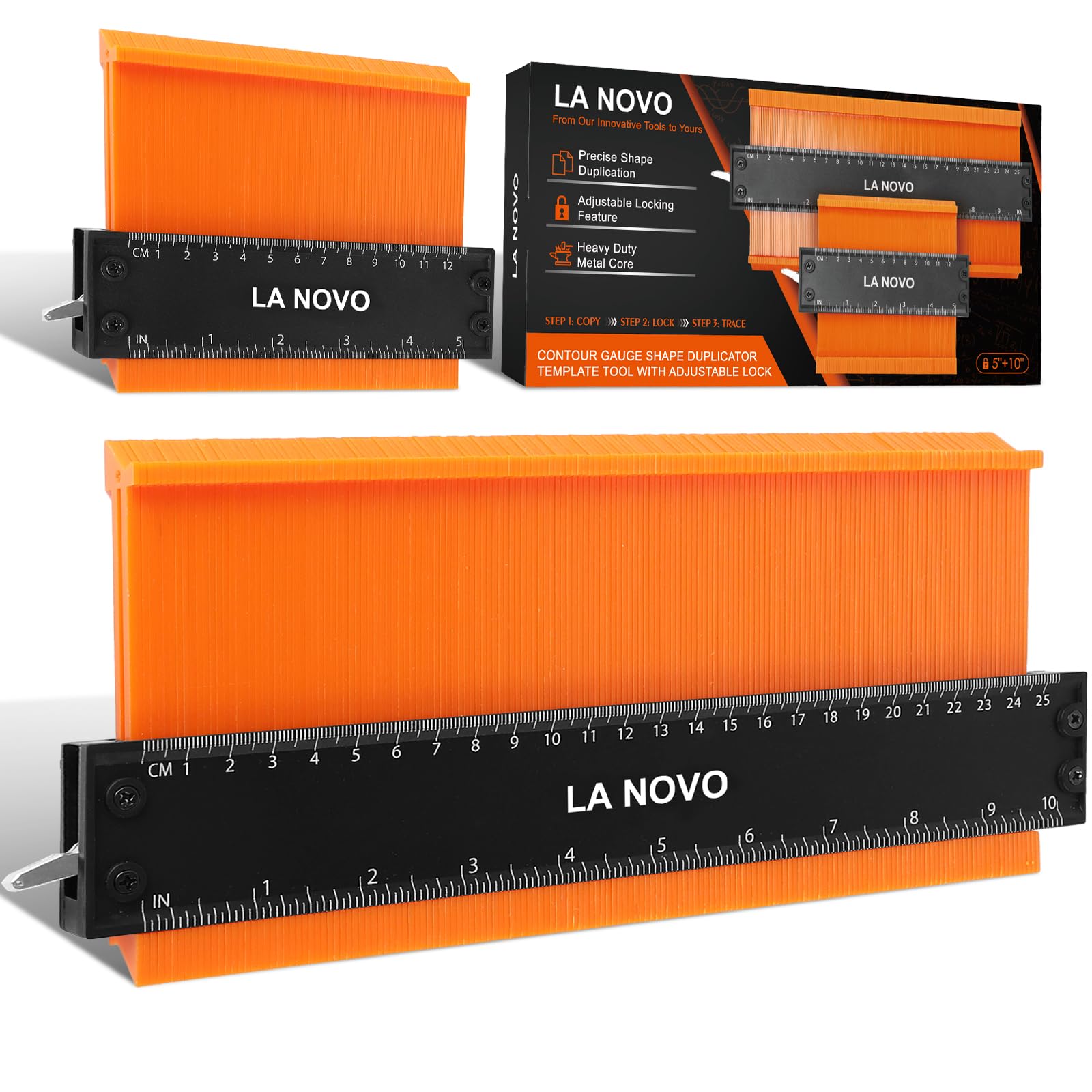 LA NOVO Contour Gauge 10+5 Inch with Lock, Profile Gauge Shape Outline Tool for Woodworking, Flooring, Christmas Stocking Stuffers for Men Dad Carpenter Handyman