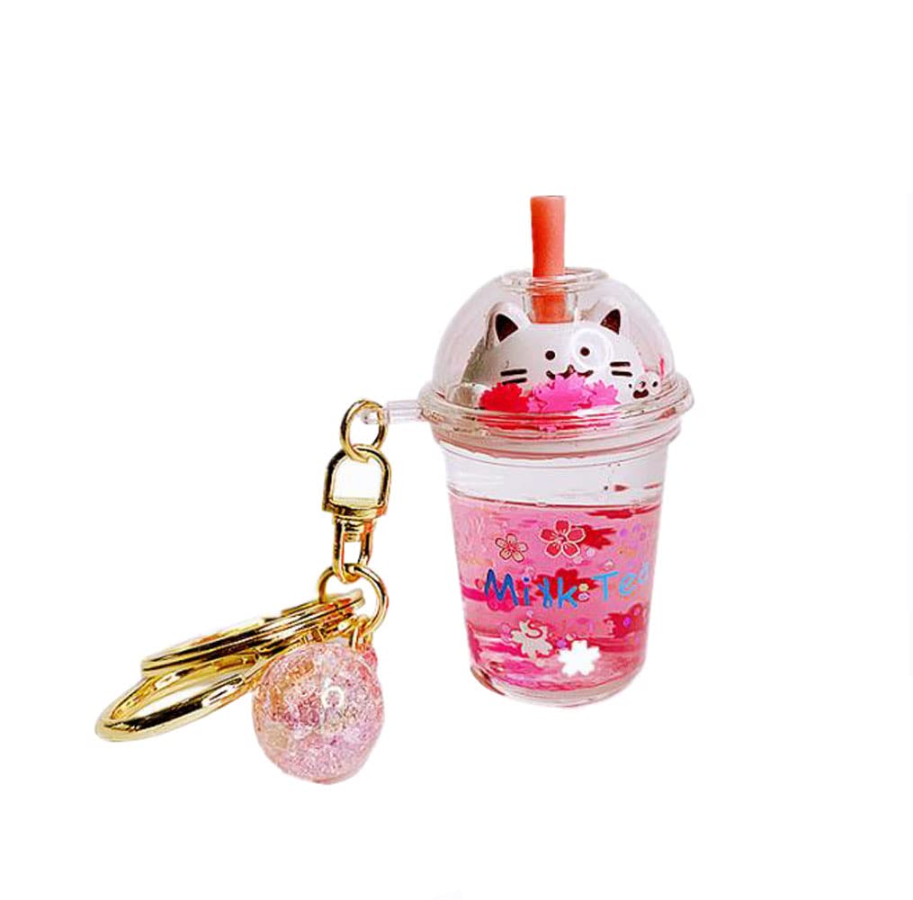 Ergugos Cute Cat Milk Tea Keychain Simulation Bubble Milk Tea Key Chain Kawaii Transparent Liquid Keyring Car Key/Bag/Key Pendants Accessories DIY Jewelry Craft