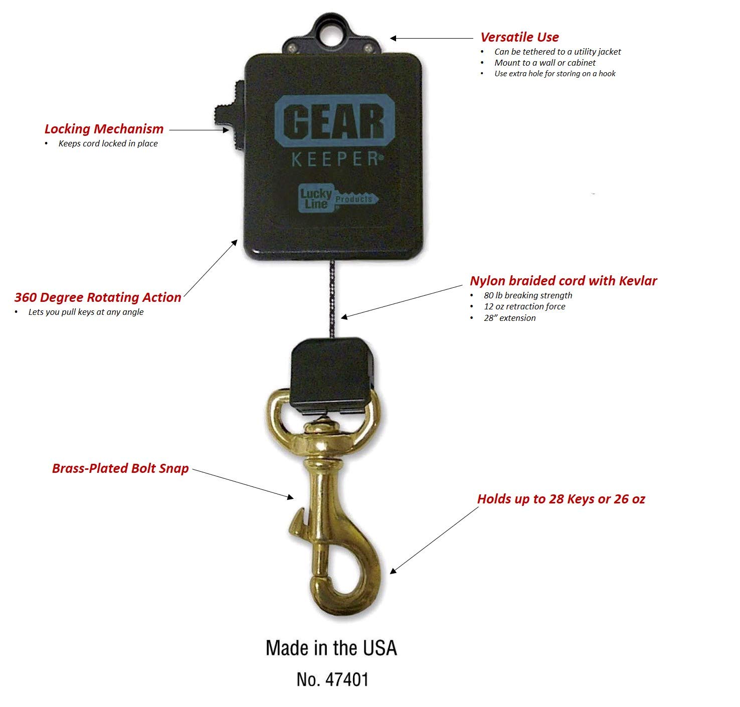 Lucky Line Ultra HIGH Force Gear Keeper, Industrial Strength Key Retractor Supplied with Brass Plated Bolt Snap, 28" Kevlar Cord, Slip-ON Belt Bracket, 1 per Pack (47401)