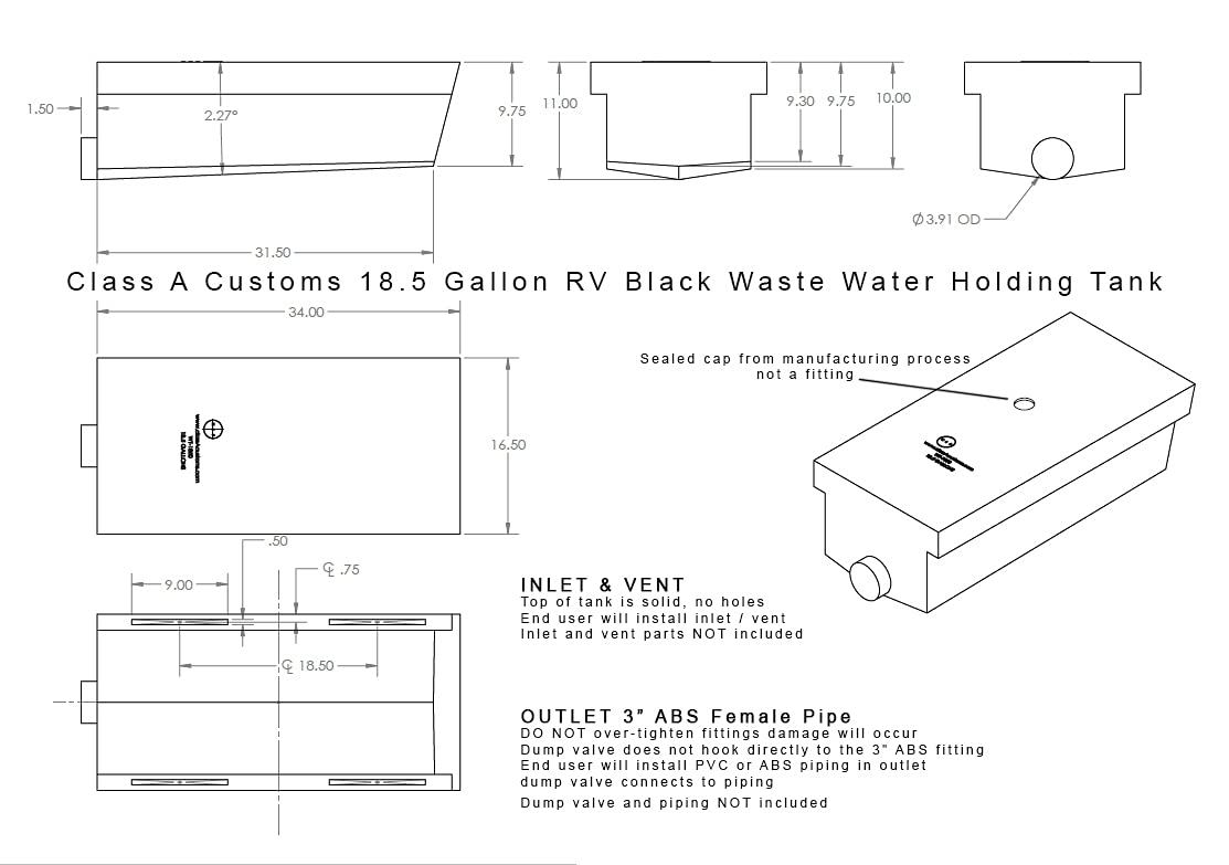 Class A Customs 18.5 Gallon RV Waste Black Water Holding Tank WT-1850