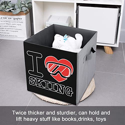I Love Skiing Foldable Storage Bins Printd Fabric Cube Baskets Boxes with Handles for Clothes Toys, 11x11x11