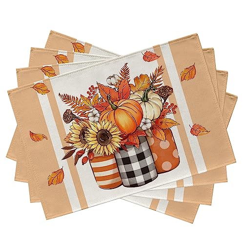 Seliem Fall Pumpkin Sunflower Placemats Set of 4, Autumn Leaves Flower Buffalo Plaid Mason Jar Farmhouse Dining Table Place Mats, Thanksgiving Seasonal Kitchen Decor Party Home Decoration 12x18 Inch