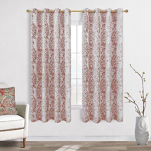 Mrs.Naturall Rusty Orange Curtains 63 Inch Length for Bedroom 2 Panels Grommet Burnt Orange Medallion Patterned Damask Moroccan Design Semi Sheer Drapes for Living Room,Terracotta and Gray Cream