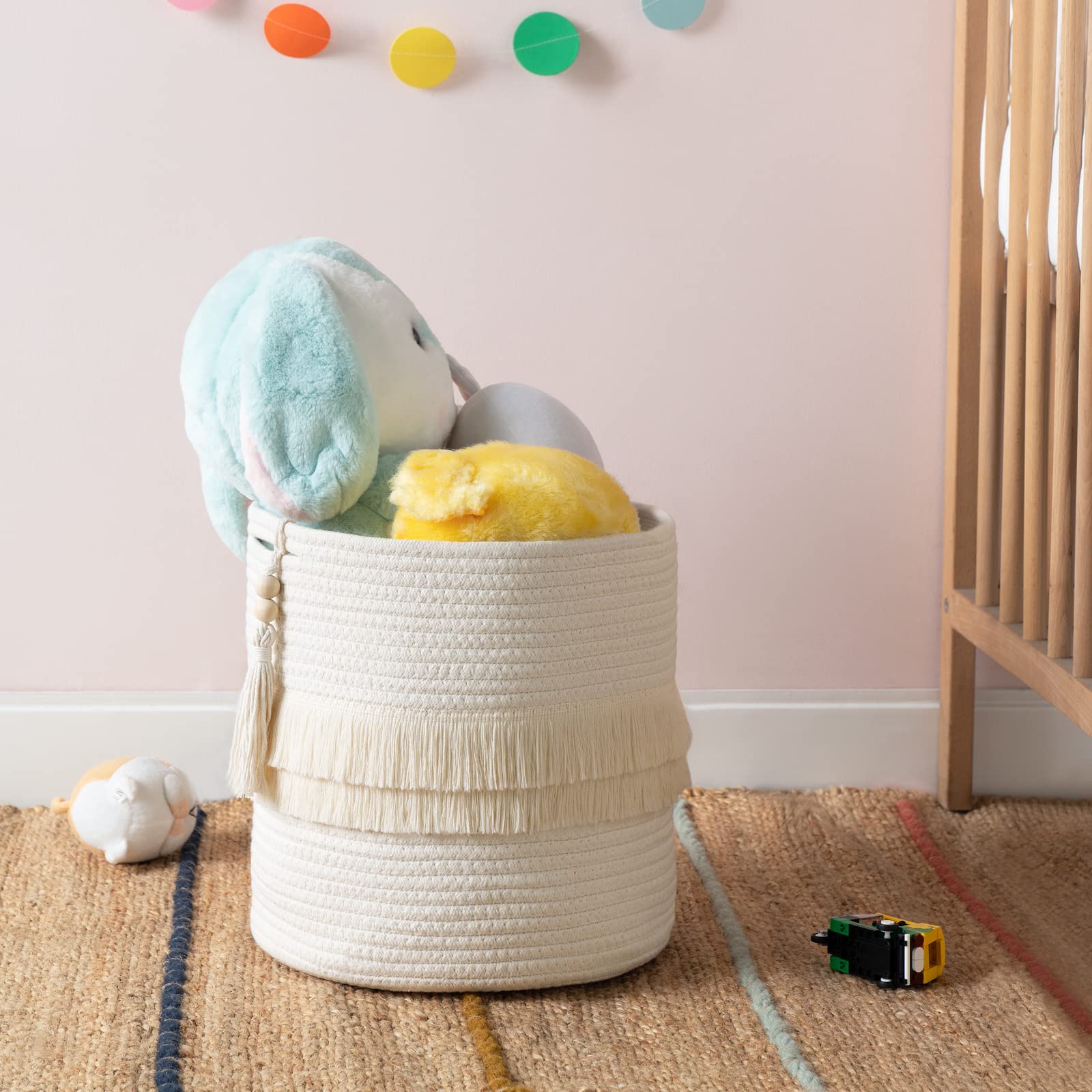Dahey Macrame Decorative Storage Basket and Headband Holder Bow Organizer for Girls Hair Bows with Wood Shelf, Boho Nursery Decor for Living Room,Bedroom