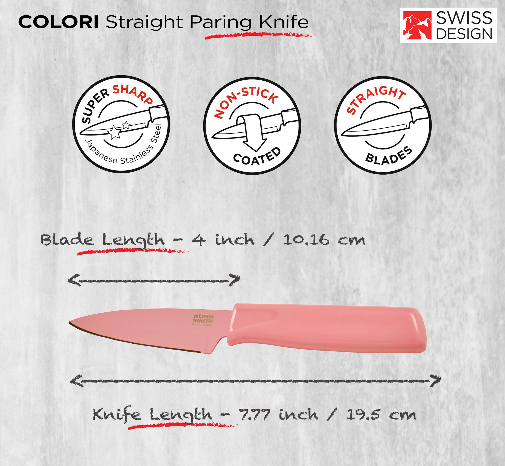 Kuhn Rikon Colori Non-Stick Straight Paring Knife with Safety Sheath, 4 inch/10.16 cm Blade, Bubble Gum