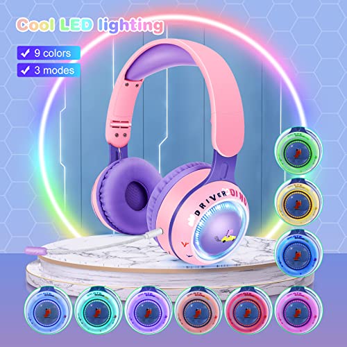 QearFun Kids Toddlers Bluetooth Headphones, Foldable 9 Colorful Led Lights Wireless Dinosaur Headphones with Mic & 3.5mm Jack, Boys Girls On-Ear Gaming Headset Gifts for PS4/Xbox One/Switch/PC/Tablet