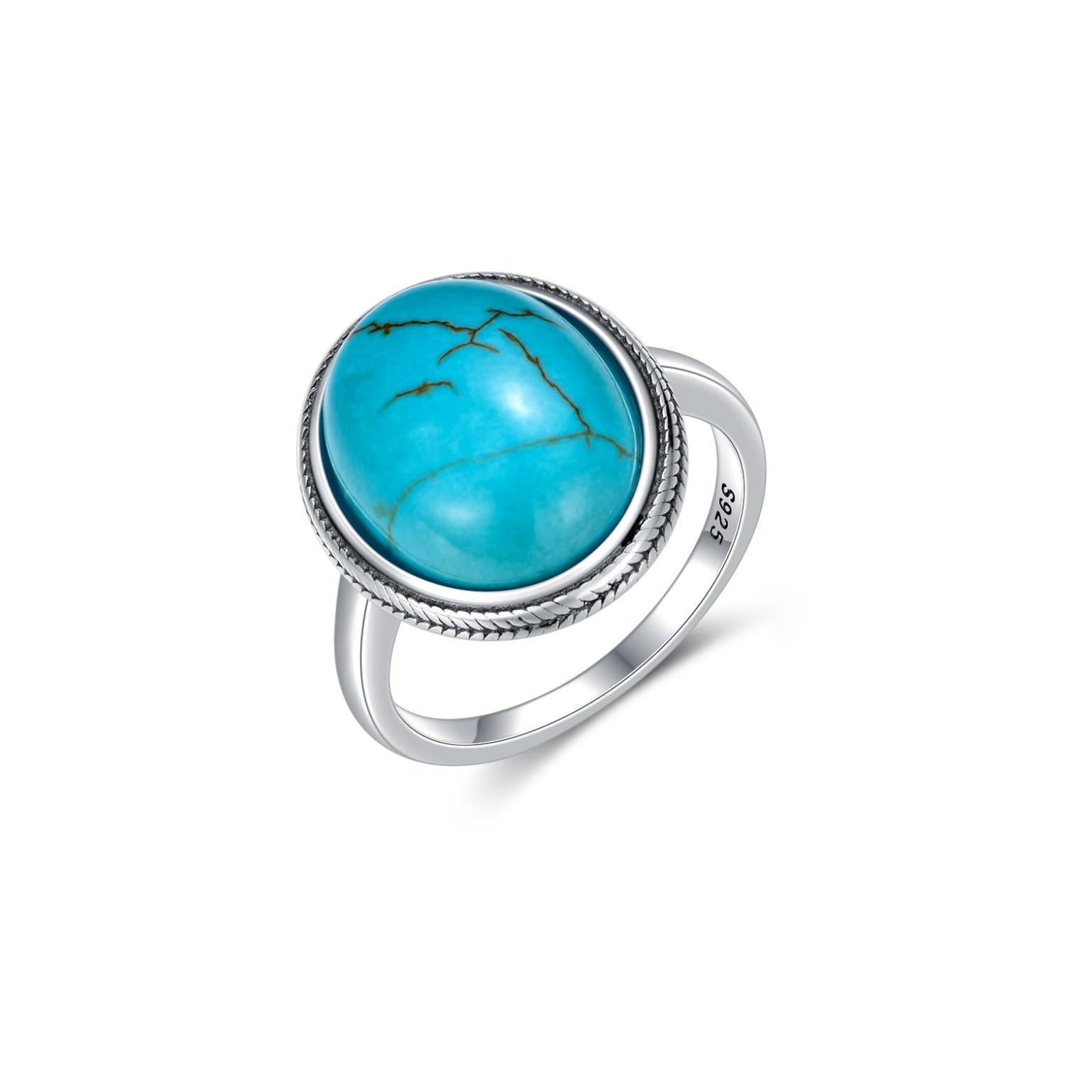 DOLIOX 925 Sterling Silver Turquoise Ring, Boho Vintage Genuine Round December Birthstone Rings for Women, Sizes 6 to 9 (8)