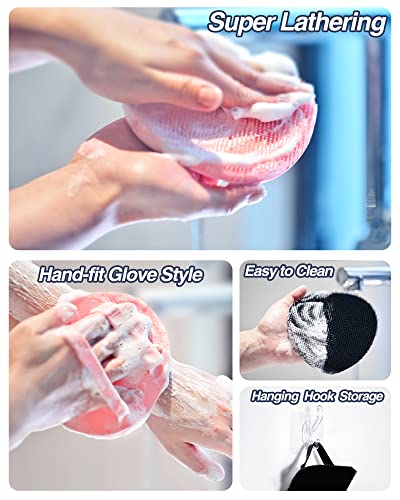 Manmihealth Silicone Back Scrubber(Thin Bristles) & Soft Bath Glove Set, Super-Cleaning Body Scrubber & Super-Lathering Shower Brush Combination, with a Free Hook. (Black)