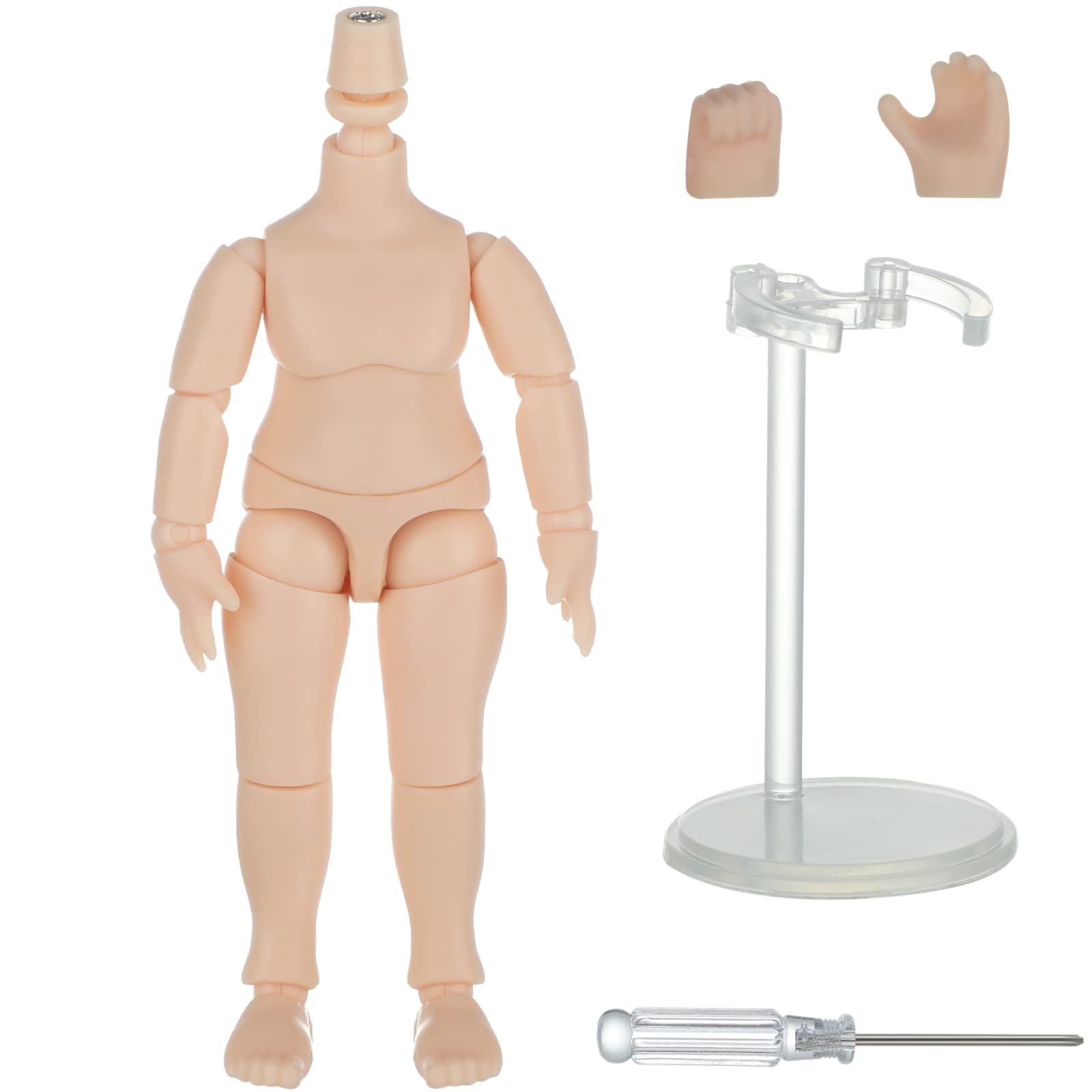 Doll Body, 10cm/4in Joint Doll Body for 1/12 Scale BJD Doll Head, Movable Joints Action Figure Body with Spare Hands & Stand for DIY Replacement, Head Not Included