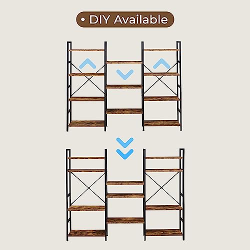 SUPERJARE Triple 4 Tier Bookshelf, Bookcase with 11 Open Display Shelves, Wide Book Shelf Book Case for Home & Office, Rustic Brown