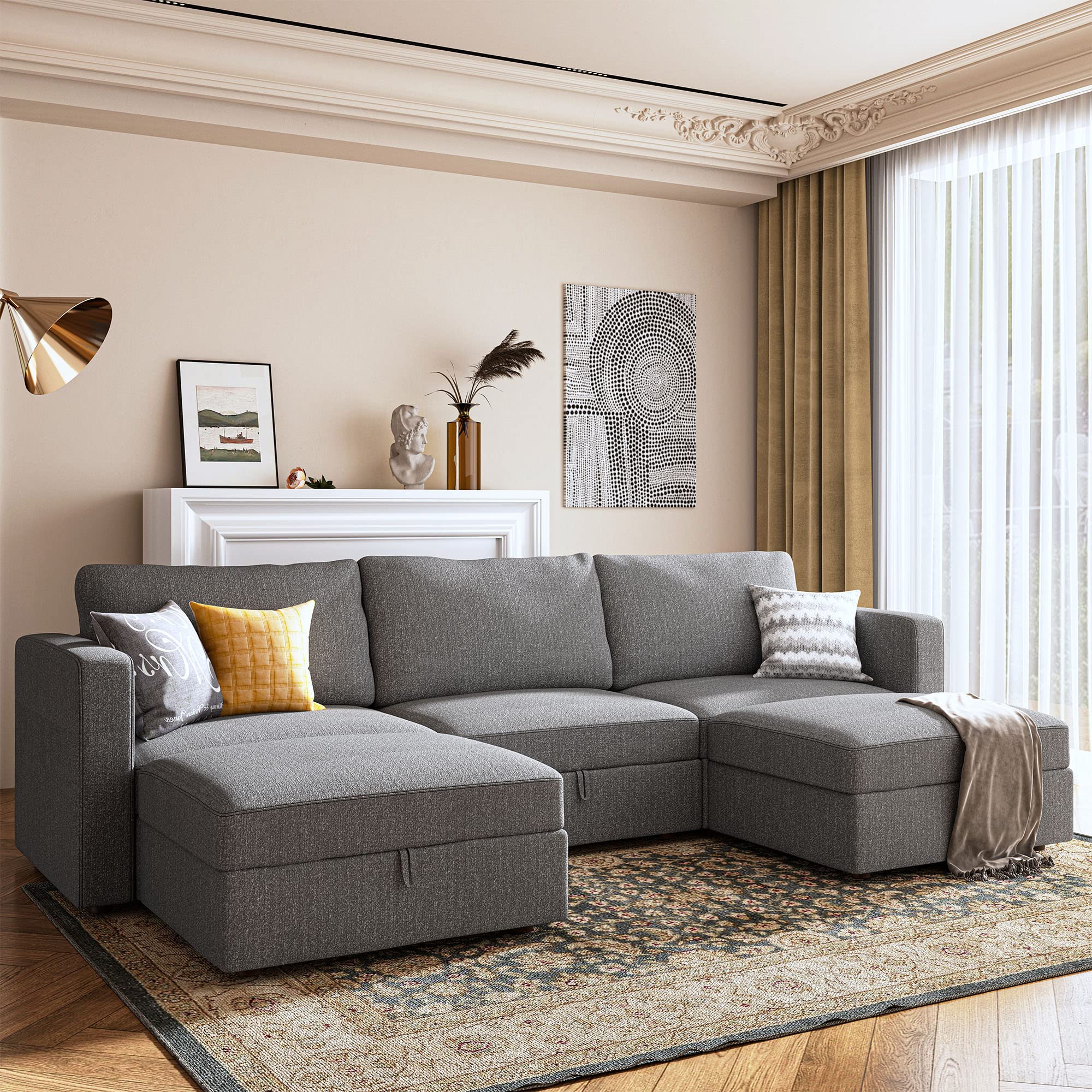 HONBAY Modular Sectional Sofa with Storage, U Shaped Convertable Sectional Couch with Wide Chaise, Deep Seat Modular Sectional Sofa with Ottoman, Dark Grey