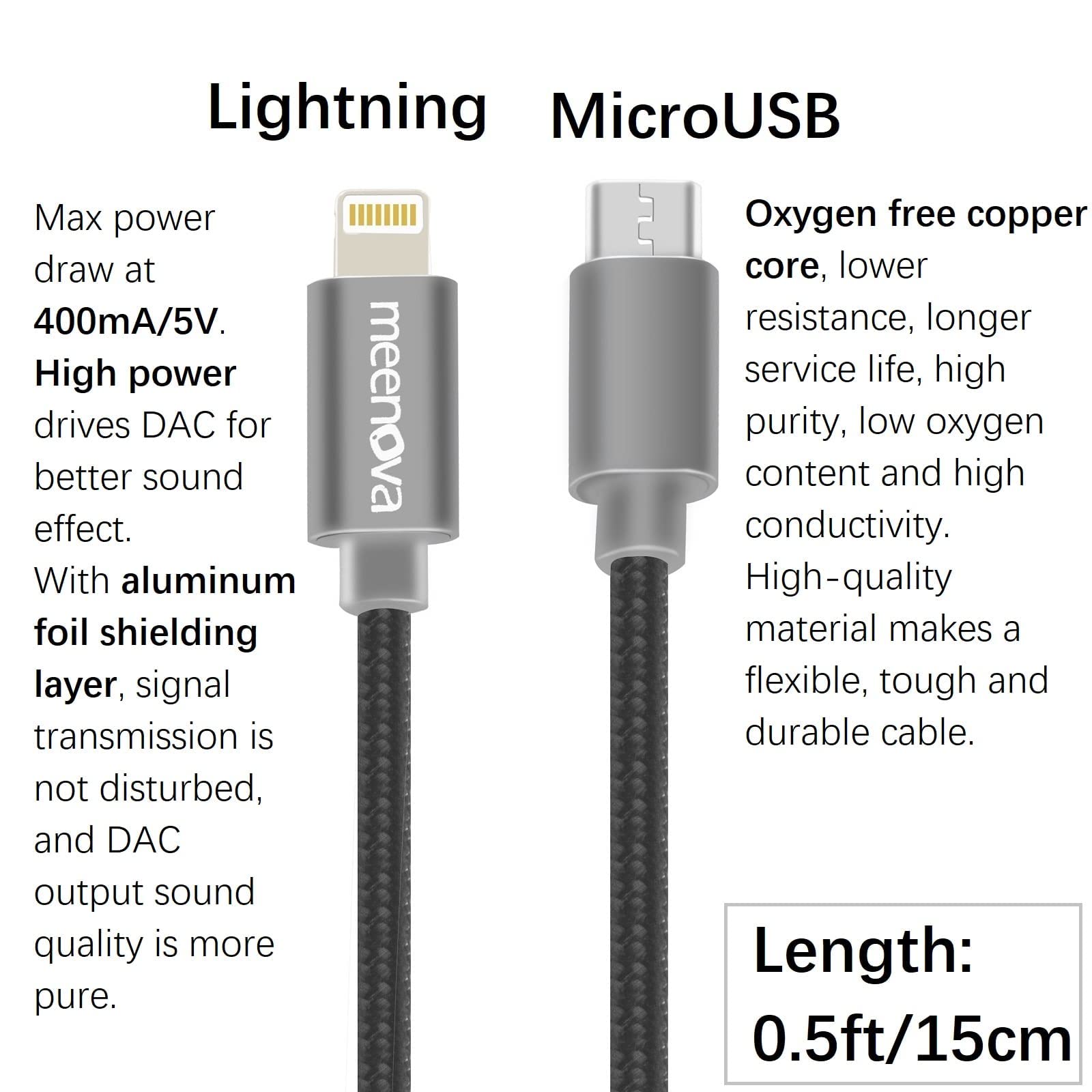 Meenova 8 pin-to-MicroUSB DAC OTG Cable for iPhone/iPad/iPod Chord Mojo Hugo2 Pha3 Fiio HiFi Oppo HA2 K5, Sony MDR-1ADAC, Roland GO Mixer, iRig HD2, Nikon Digital Camera,Transfer Photos, 15cm 0.5ft