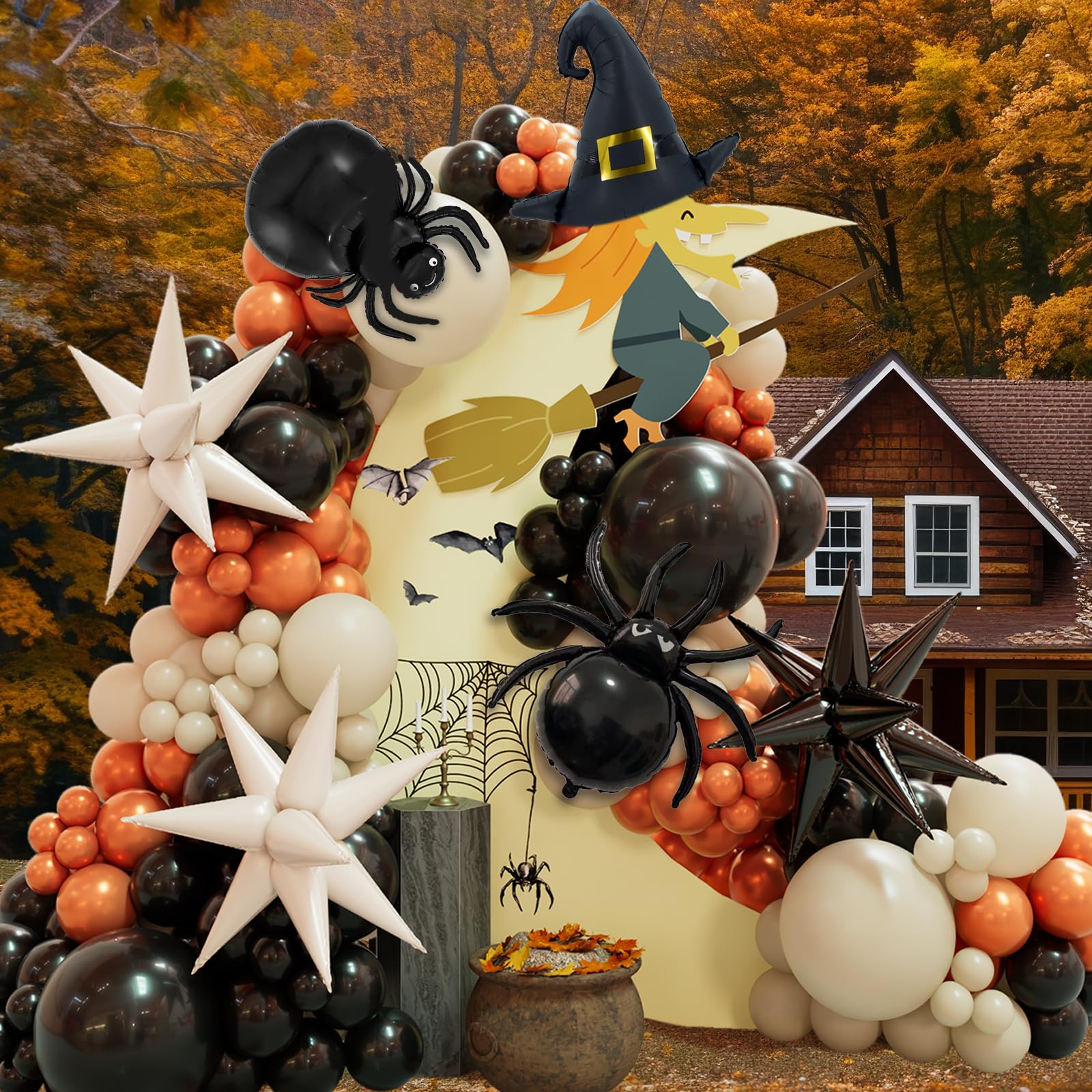 Halloween Balloon Garland Arch Kit with Spider Witch Hat Shaped Black and Milk White Exploding Star Foil Balloon Black Orange Sand White Balloons for Halloween Birthday Party Decorations