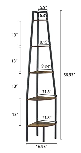 Hoctieon Corner Shelf, Industrial 5-Tier Corner Bookshelf, Rustic Corner Ladder Shelf, Corner Bookcase for Small Spaces, Bedroom, Living Room, Home Office, Kitchen, Balcony, Rustic Brown