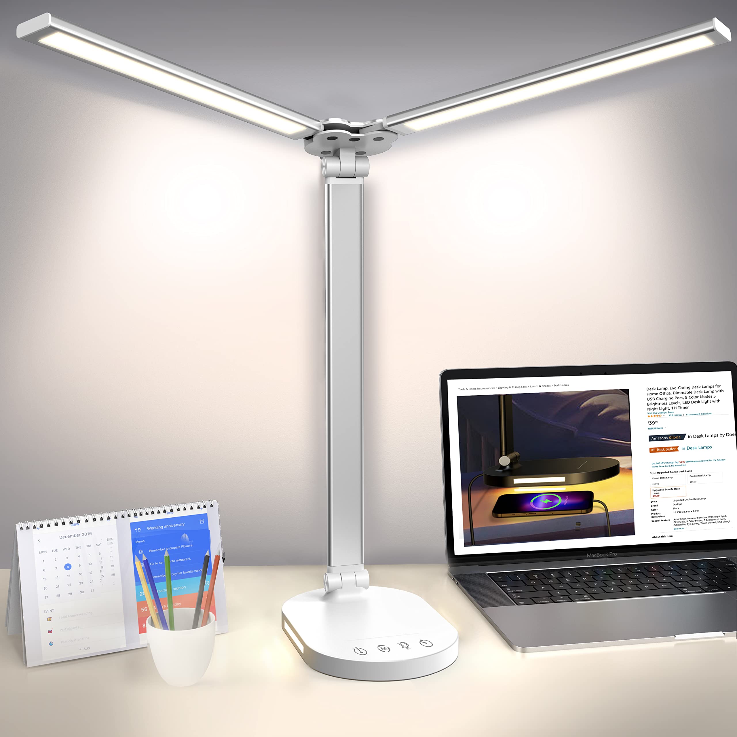 Doeklpo Desk Lamp, LED Desk Lamps for Home Office, Eye-Caring Double Head Desk Light with USB Charging Port, Night Light, 5 Light Mode 5 Brightness Levels, Desk Lamps for Office Study Reading