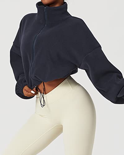 QINSEN Women's Full Zip Fleece Jacket Stand Collar Winter Warm Cropped Outwear Baggy Sherpa Short Coat Navy L