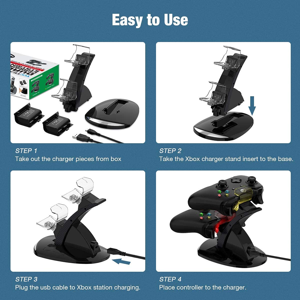 Controller Charger for Xbox One, Dual Charging Station for Xbox One/One S/One X, Come with Two 1200 MAH Quality Rechargeable Batteries Pack for Xbox One Controller