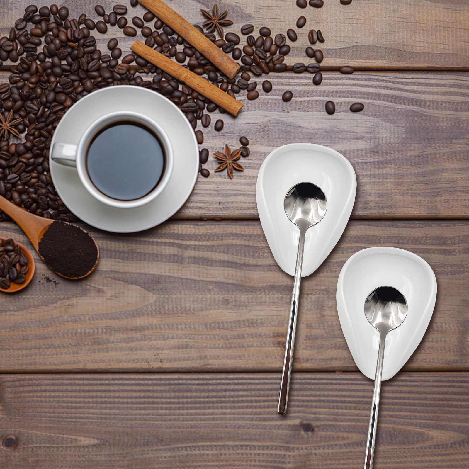 KWAGOCAR 4 Pcs Coffee Spoon Rest and Spoon Ceramic Coffee Spoon Rest Mini Coffee Spoon Holder Small Teaspoon Holder Coffee Bar Coffee Stirrers Holder for Kitchen Counter Coffee Station Bar Lovers