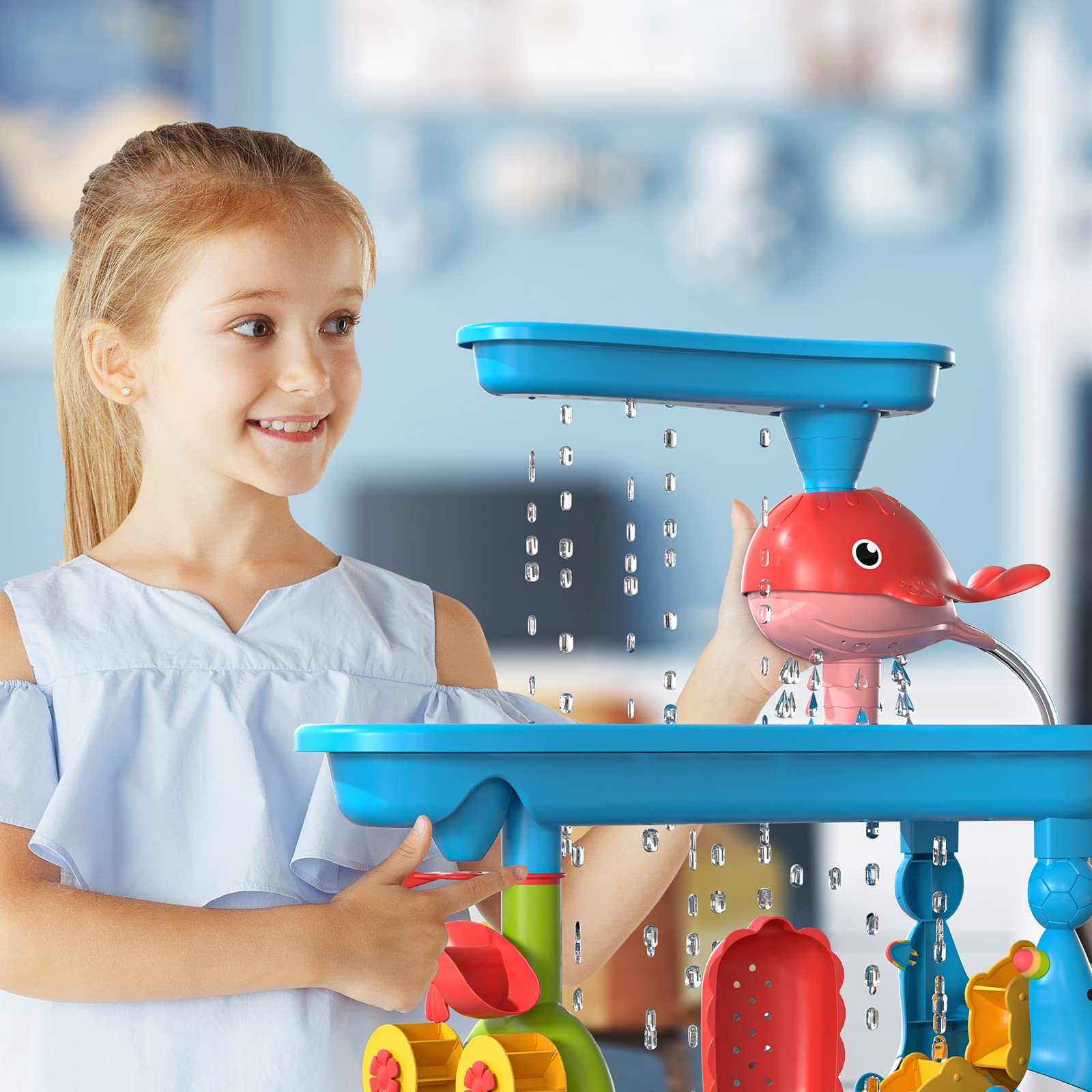 Doloowee Sand and Water Table Toy for Kids, 3 Tier Showers Pond Table, Kids Play Activity Summer Outdoor on Beach Backyard Toddlers 1-3 Age 3-5 Up