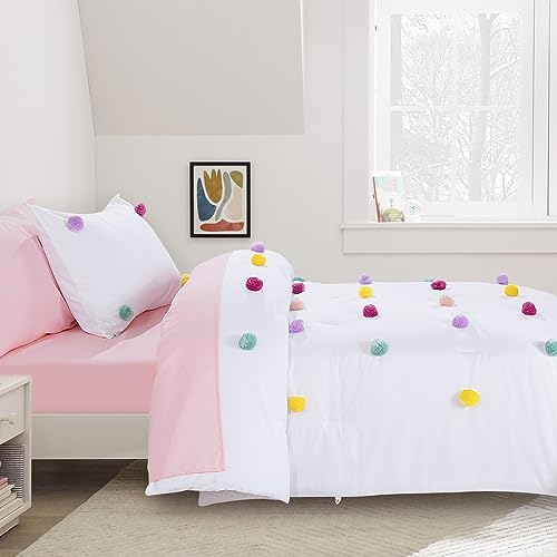 HOMBYS Pom Poms Bedding Comforter Set for Girls, 5 Piece White Pink Boho Kids Comforter Set for All Season,Full/Queen Size