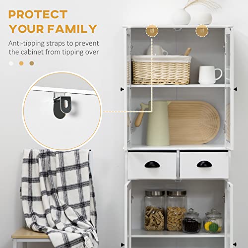 HOMCOM 61" Freestanding Kitchen Pantry, Traditional Style Storage Cabinet with Soft Close Doors, Adjustable Shelves, and 2 Drawers, for Living Room, Dining Room, White