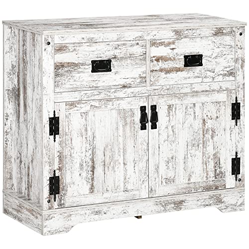 HOMCOM Industrial Sideboard Buffet Cabinet with 2 Drawers Kitchen Storage Cabinet Coffee Bar Cabinet with Double Door Cupboard for Kitchen, Living Room, Distressed White