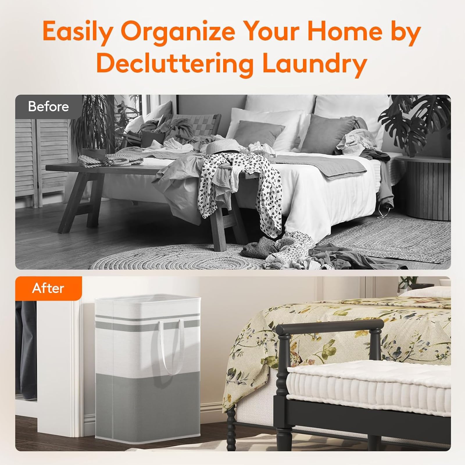 Ganliving: Two Large 75-Litre Freestanding Laundry Baskets, Collapsible with Portable Handles, Water-Resistant High Hamper for The Laundry Dormitory Bedroom Bathroom. (ORANGE WHITE)