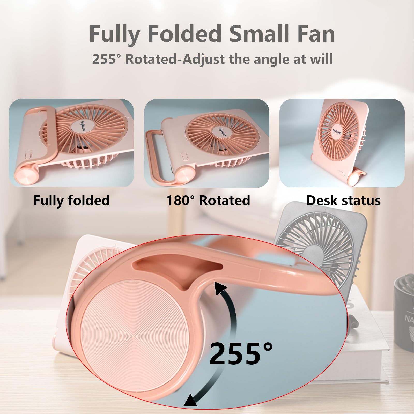 Digibond Pink Mini Desk Fans Small Quiet, 3000mAH Rechargeable High Power USB Fan for Desk Top/Office/Bedroom 4 Speed 5in 225° Rotated Foldable Easy Clean