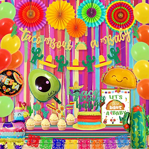 Taco Bout a Baby Decorations Kit, Hombae Mexican Fiesta Baby Shower Decoration Supplies, Fiesta Paper Fans, Banner, Cake Topper, Llama and Cactus Cupcake Toppers