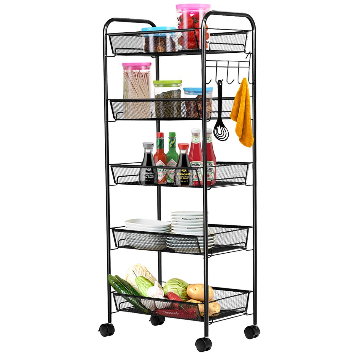 Giantex 5-Tier Storage Cart Rolling Trolley Organizer Utility Cart with Lockable Wheels, 5 Hooks, Mesh Shelves for Home Kitchen, Bathroom, Office and Bedroom (Black)