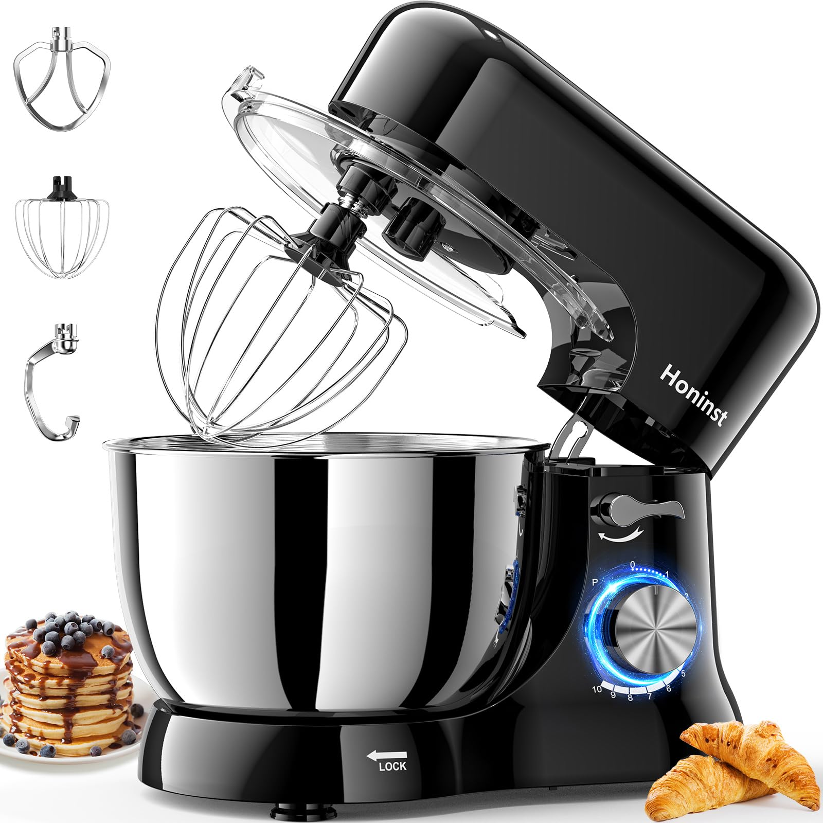 Honinst Stand Mixer,3-In-1 10-Speed 5.5QT Tilt-Head Food Mixer,Electric Mixer with Bowl, Dough Hook, Whisk and Beater,Kitchen Mixer for Baking, Cake and Most Home Cooks, Black