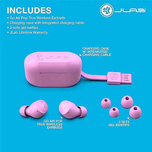 JLab Go Air Pop True Wireless Bluetooth Earbuds + Charging Case, Pink, Dual Connect, IPX4 Sweat Resistance, Bluetooth 5.1 Connection, 3 EQ Sound Settings Signature, Balanced, Bass Boost